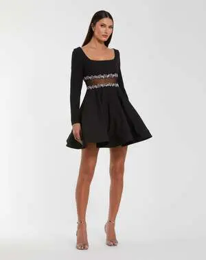 Mac Duggal Long Sleeve Crepe Mini Dress With Jewel Detail - Black