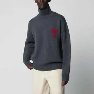 AMI Paris Wool Turtleneck Sweater With De Coeur Logo - Grey