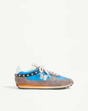Valentino Garavani Stud Up Trainer In Split Leather And Nylon With Butterfly Embroidery Azure/multicolour