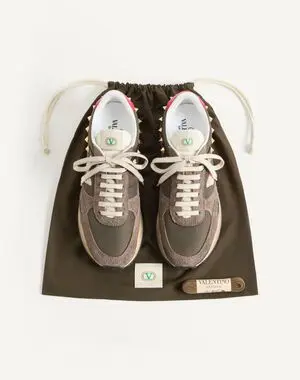 Valentino Garavani Stud Up Trainer In Split Leather And Nylon With Butterfly Embroidery - Olive Green/multicolour