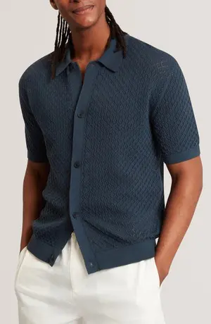 Ted Baker London Domati Texture Knit Short Sleeve Button-up Shirt - Khaki