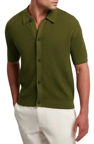Ted Baker London Domati Texture Knit Short Sleeve Button-up Shirt - Khaki