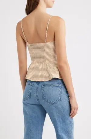 REFORMATION Genevieve Gingham Peplum Top With Lace Trim - Anzo Check