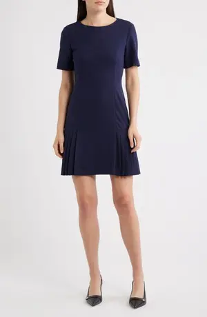 TAHARI ASL Pleat Detail Short Sleeve Dress - Navy