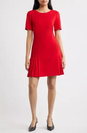 TAHARI ASL Pleat Detail Short Sleeve Dress - Red