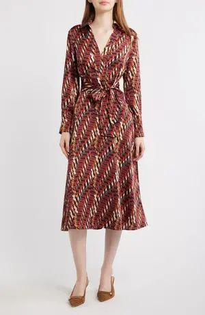 TAHARI ASL Geo Print Long Sleeve Midi Shirtdress - Cranberry Multi
