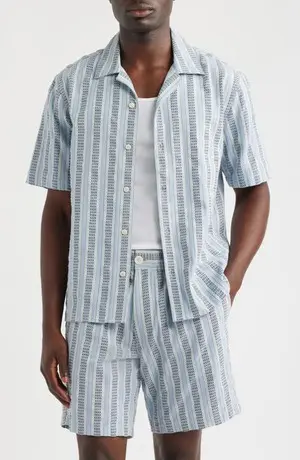 WAX LONDON Didcot Stripe Cotton Dobby Camp Shirt - Blue