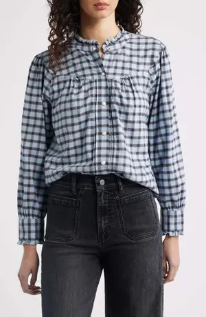 Rails Alanna Ruffle Check Organic Cotton Snap-up Shirt - Sky Check