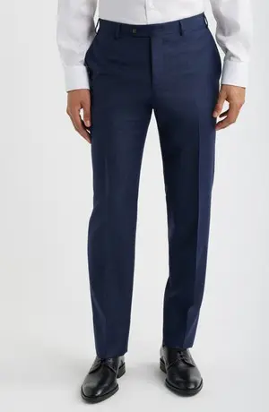 Canali Siena Regular Fit Flat Front Solid Wool Suit Pants - Navy