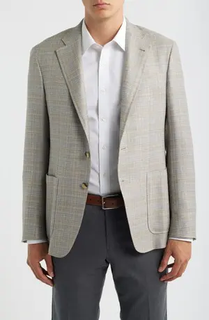 Canali Kei Trim Fit Plaid Slub Wool & Silk Blend Sport Coat - Beige