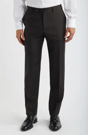 Canali Siena Regular Fit Flat Front Solid Wool Suit Pants - Brown