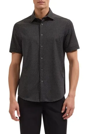 Bugatchi Miles Ooohcotton® Geo Print Short Sleeve Button-up Shirt - Black