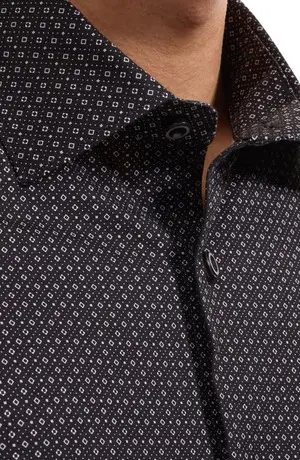 Bugatchi Miles Ooohcotton® Geo Print Short Sleeve Button-up Shirt - Black