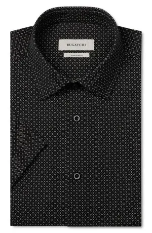 Bugatchi Miles Ooohcotton® Geo Print Short Sleeve Button-up Shirt - Black