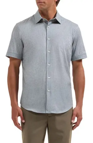 Bugatchi Miles Ooohcotton® Geo Print Short Sleeve Button-up Shirt - Avocado