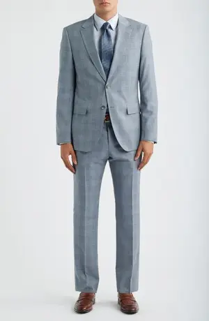 BOSS Huge Slim Fit Grey Plaid Virgin Wool Suit - Blue/grey