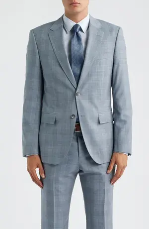 BOSS Huge Slim Fit Grey Plaid Virgin Wool Suit