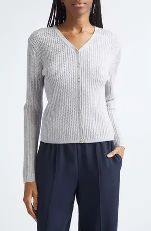 Vince Cable Stitch Merino Wool Blend V-neck Cardigan - Heather Grey