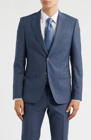 BOSS Huge Slim Fit Blue Microcheck Virgin Wool Suit