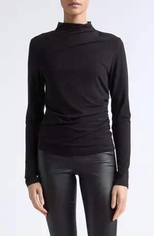 Vince Side Drape Funnel Neck Top - Black