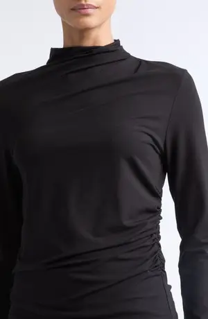 Vince Side Drape Funnel Neck Top - Black