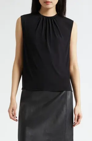 Vince Gathered Jewel Neck Top - Black