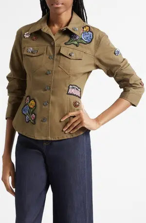 Cinq À Sept Garden Patches Embellished Stretch Twill Shirt Jacket