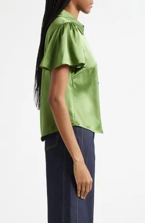 Cinq À Sept Fiona Flutter Sleeve Silk Satin Button-up Shirt - Kale