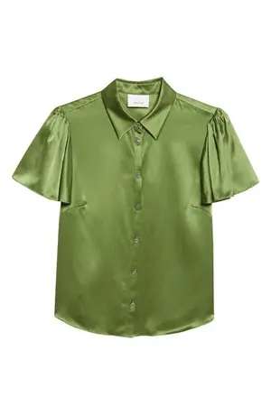 Cinq À Sept Fiona Flutter Sleeve Silk Satin Button-up Shirt - Kale