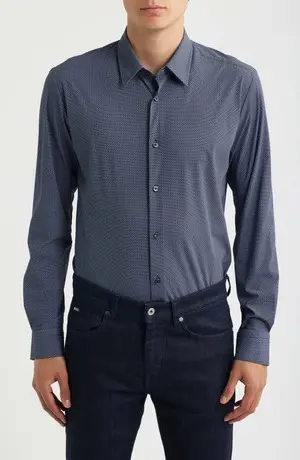 BOSS Roan Kent Slim Fit Performance Button-up Shirt - Dark Blue