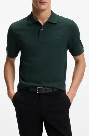 BOSS Pallas Solid Cotton Piqué Polo Open Green