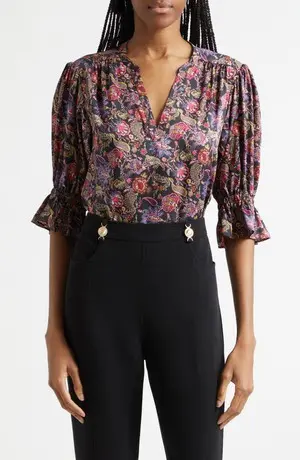Cinq À Sept Paisley Eclipse Print Split Neck Top