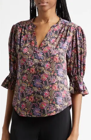 Cinq À Sept Paisley Eclipse Print Split Neck Top