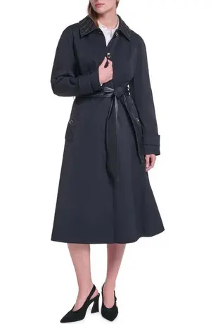 Karl Lagerfeld Paris Faux Leather Trim Trench Coat - Black