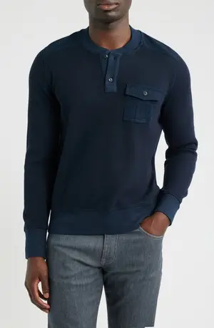 Brooks Brothers Waffle Stitch Stretch Cotton & Wool Henley - Navy