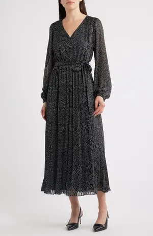 Sam Edelman Polka Dot Metallic Thread Long Sleeve Pleated Dress - Black