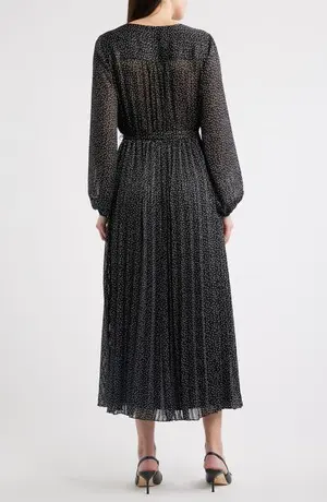 Sam Edelman Polka Dot Metallic Thread Long Sleeve Pleated Dress