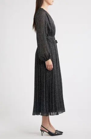 Sam Edelman Polka Dot Metallic Thread Long Sleeve Pleated Dress