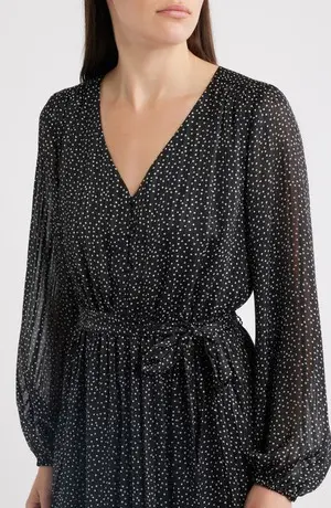 Sam Edelman Polka Dot Metallic Thread Long Sleeve Pleated Dress