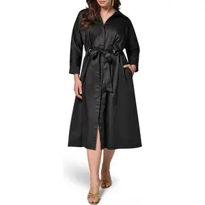 Donna Karan New York Drawstring Waist Stretch Midi Shirtdress - Black