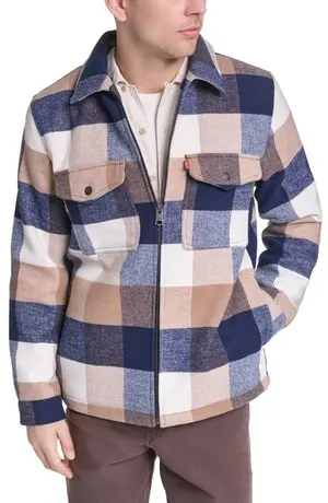 LEVI'S Zip Front Plaid Shirt Jacket - Tan Navy
