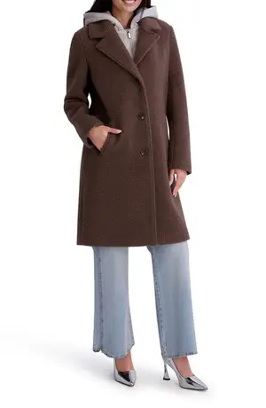 KENNETH COLE Textured Coat With Removable Hoodie Bib - Chocolate