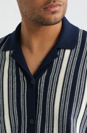 WAX LONDON Ivy Stripe Knit Camp Shirt - Navy/ecru