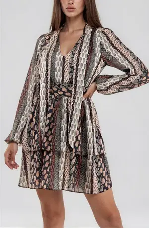 SOCIALITE Belted Tiered Long Sleeve Satin Dress