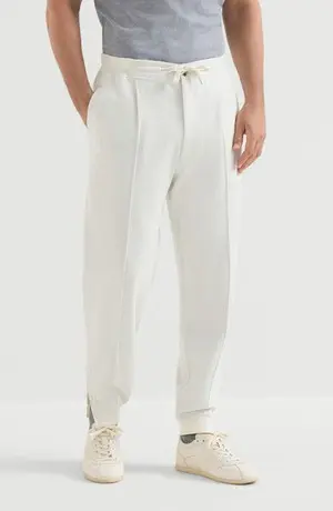 Brunello Cucinelli Cashmere And Cotton French Terry Double Cloth Trousers With Crête Detail And Elasticated Zipper Cuffs - Off-white