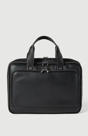 Brunello Cucinelli Grained Calfskin Briefcase With Zipper - Black