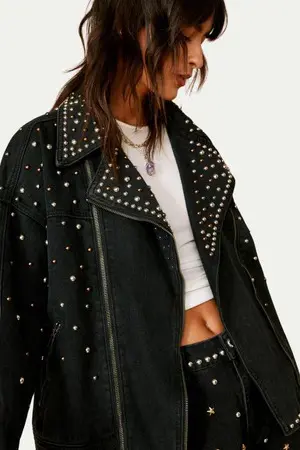 Nasty Gal Studded Denim Biker Jacket