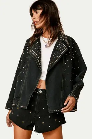 Nasty Gal Embellished Denim Biker Jacket - Black