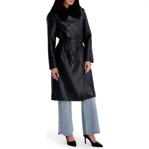 KENNETH COLE Faux Leather Trench Coat With Faux Fur Collar - Black