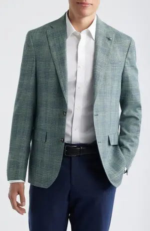 JACK VICTOR Midland Contemporary Fit Green Check Slub Wool & Silk Blend Sport Coat - Sage Multi